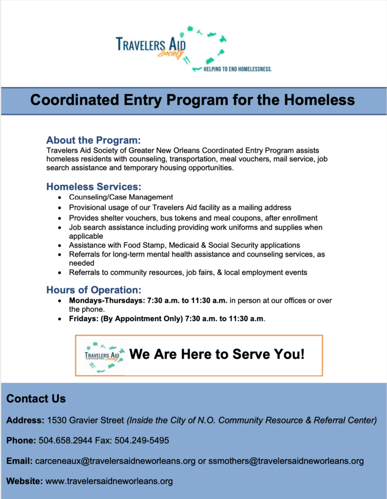 Coordinated Entry Program – Travelers Aid Society of Greater New Orleans